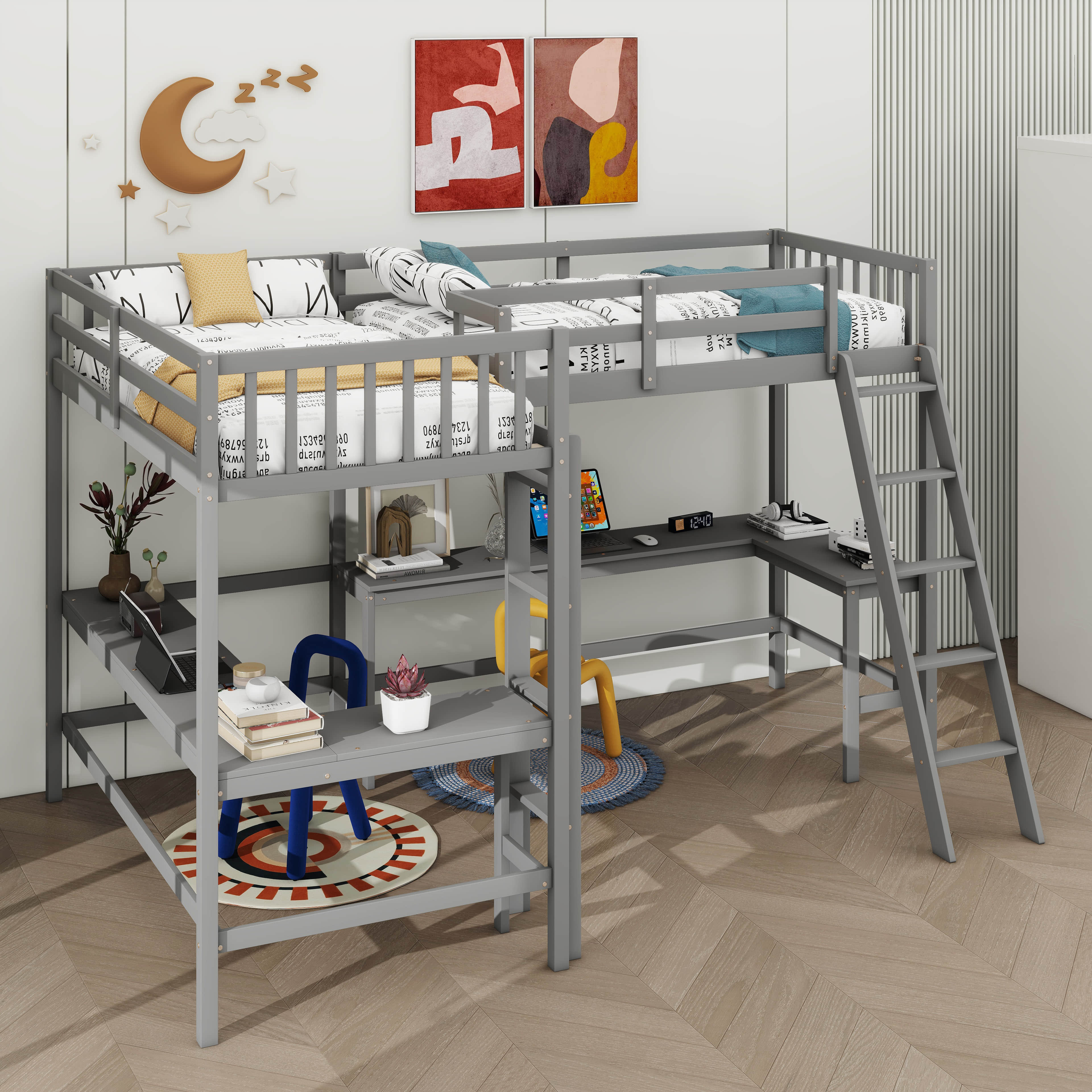 Harriet Bee Wood Twin Size L-Shaped Loft Bed With Ladder | Wayfair