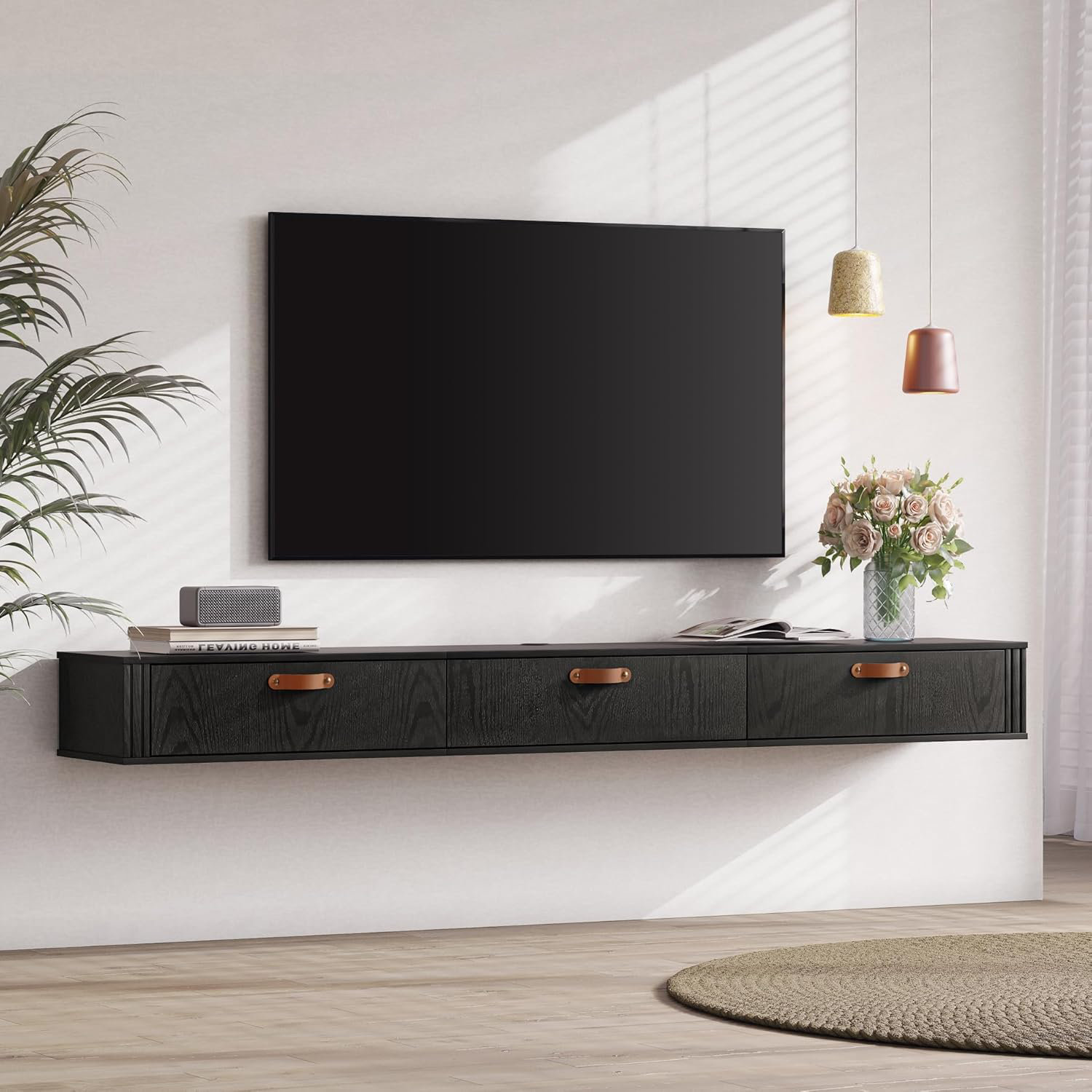 Ebern Designs Black Floating TV Stand, 70" Modern Media Console ...