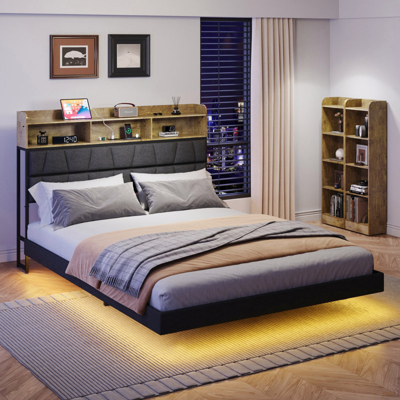 Ivy Bronx Floating Bed Frame With LED Light And Bookcase Storage ...