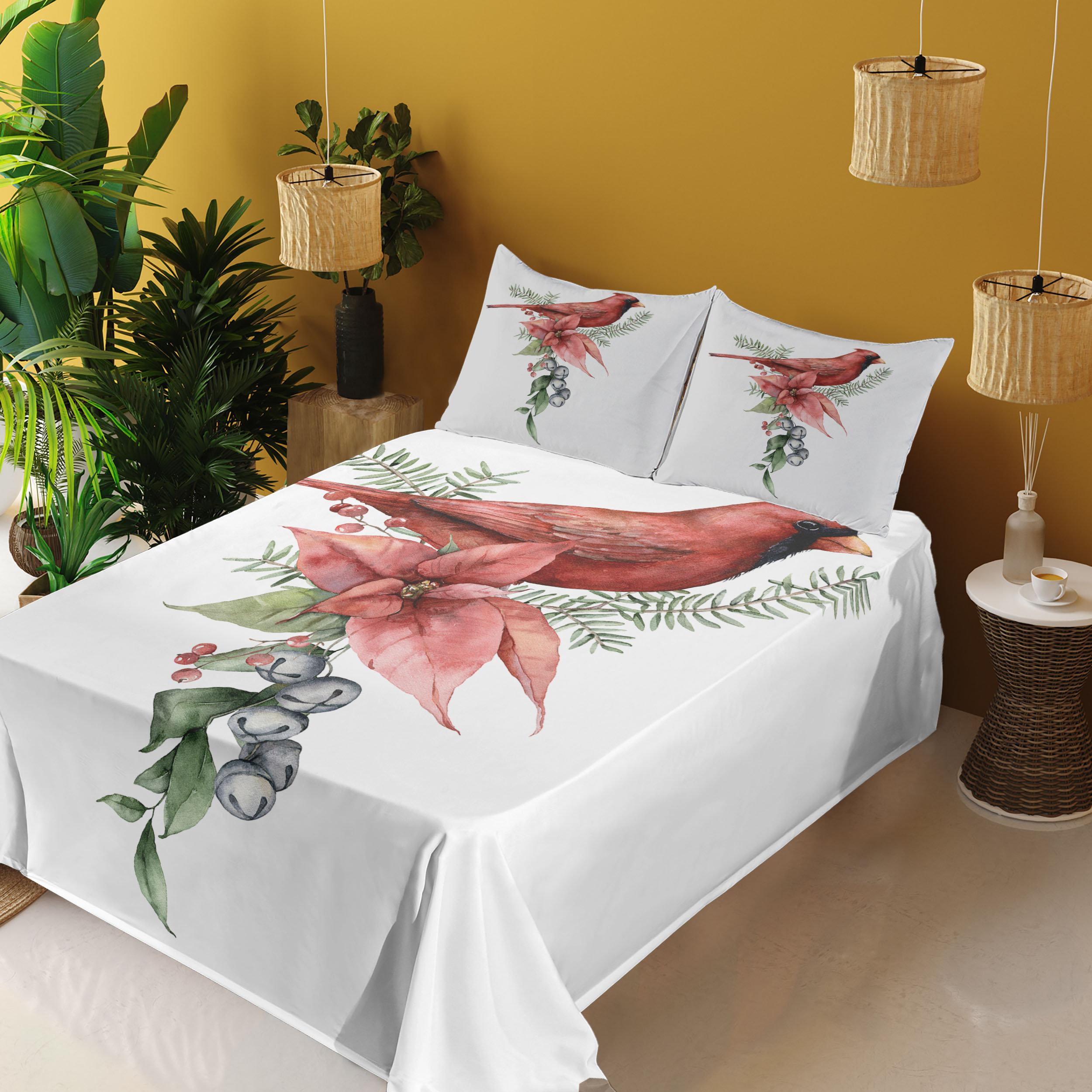 Ambesonne Cardinal Sheet Set Bird Branches Watercolor Coral and Pale ...
