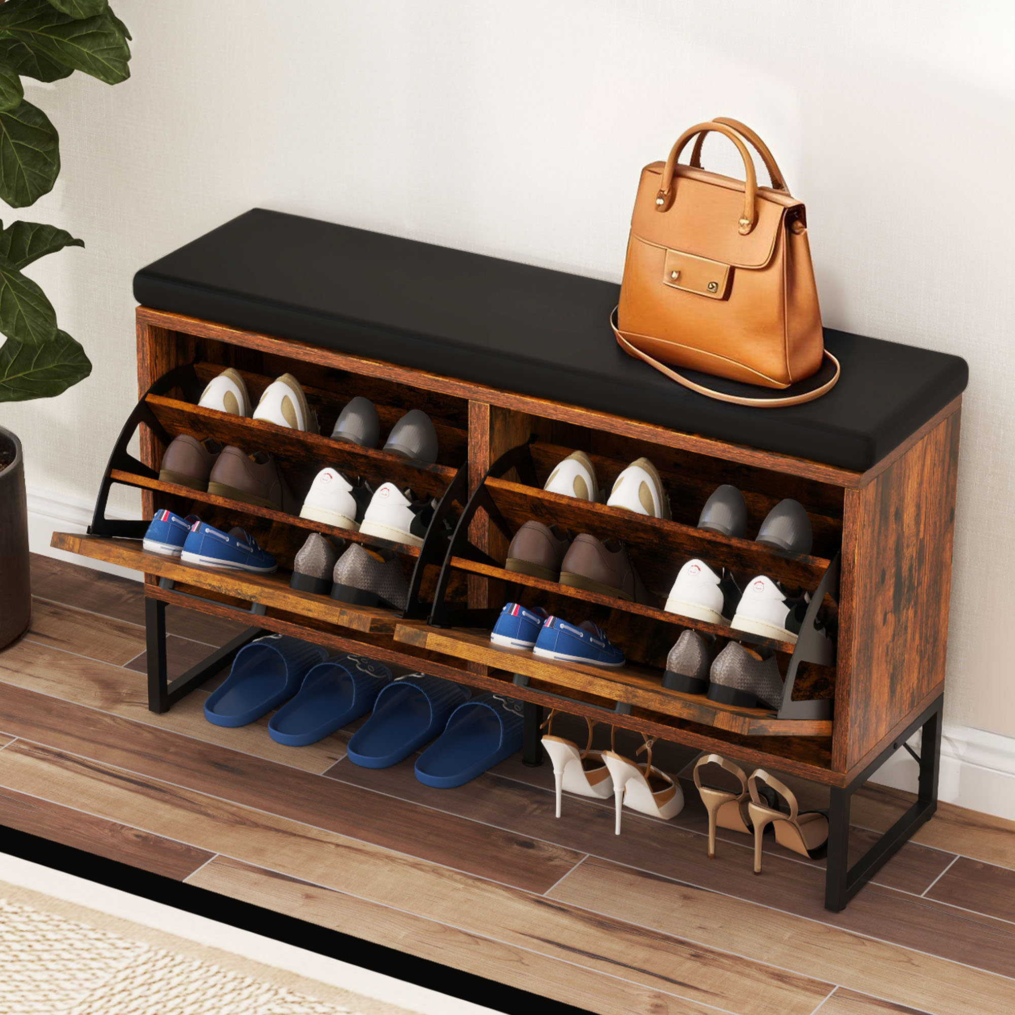 Gracie Oaks Farmhouse Shoe Storage Bench with Padded Seat and Double ...