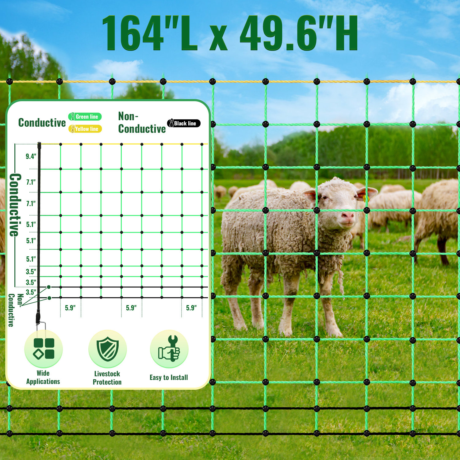 KZLAA Electric Fence Netting, 164'L x 49.6" H Electric Poultry Fence ...