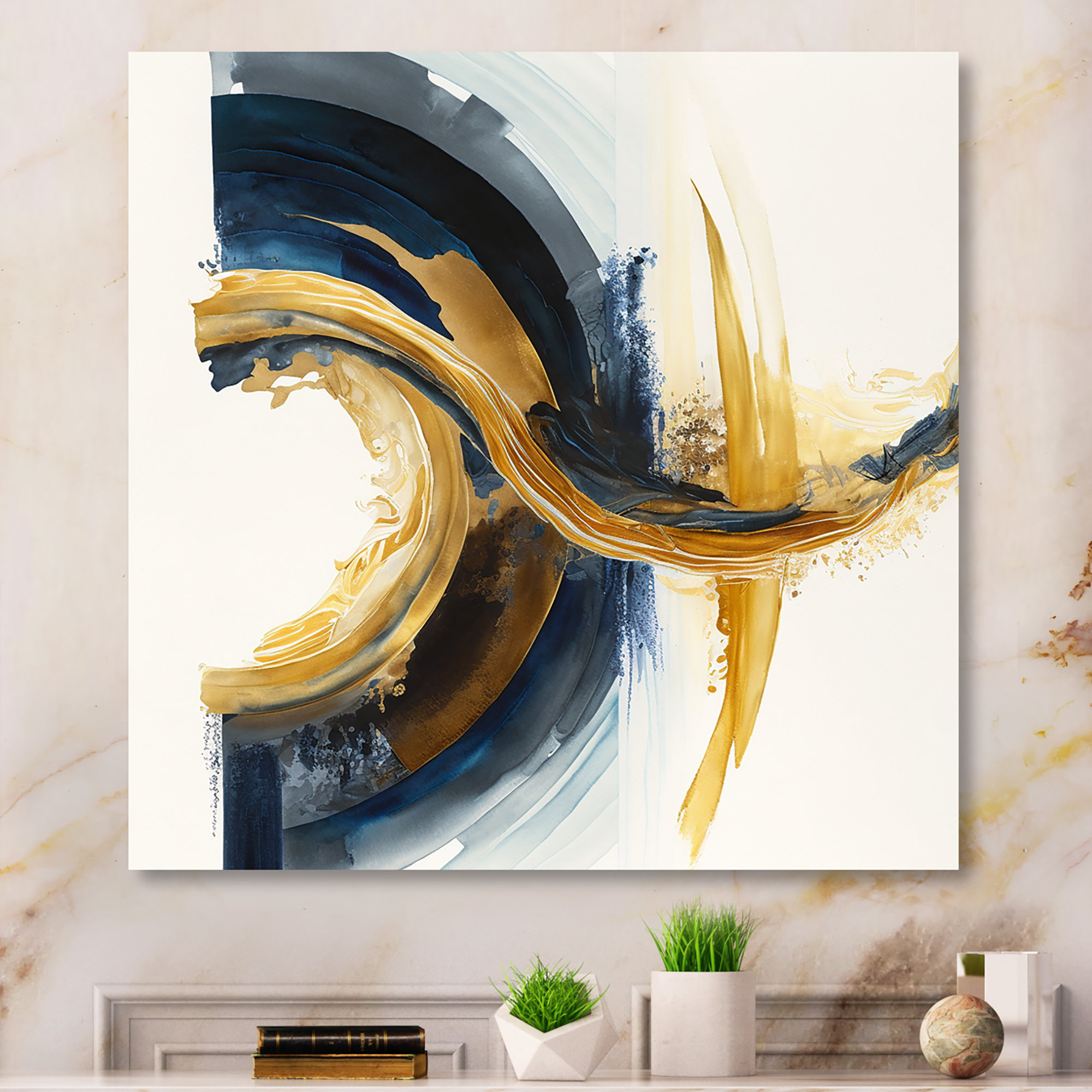 Ivy Bronx Blue and Gold Swirl Abstract III - Painting on Canvas | Wayfair