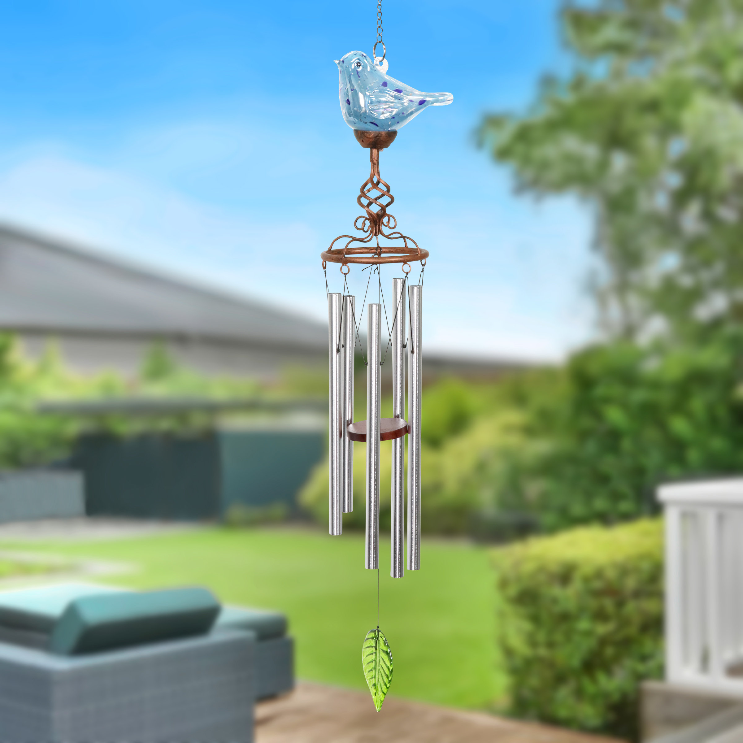Exhart Solar Hand Blown Pearlized Glass Bird Wind Chime, 7 by 44 Inches ...