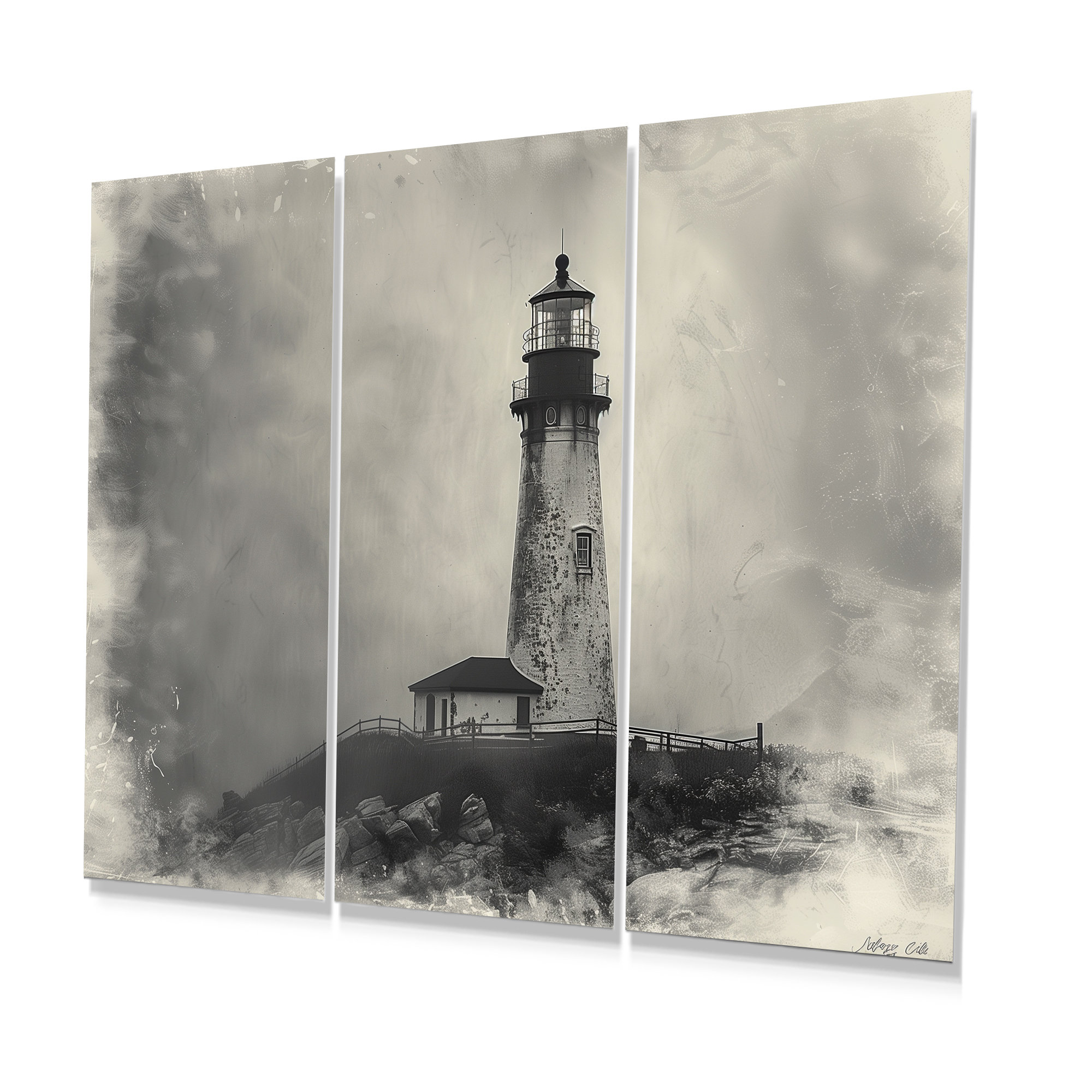 Breakwater Bay Vintage Monochrome Lighthouse Winter Fog Cliff ...