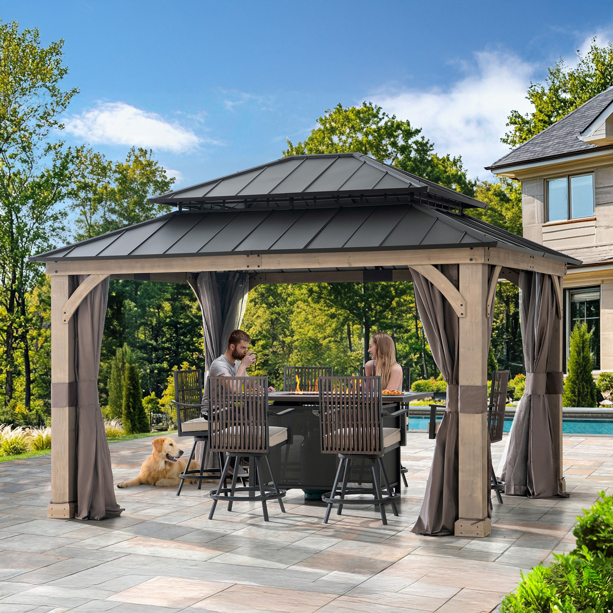 SUNJOY 11 x 13 ft. Wood Hardtop Gazebo with Customizable Nettings and ...