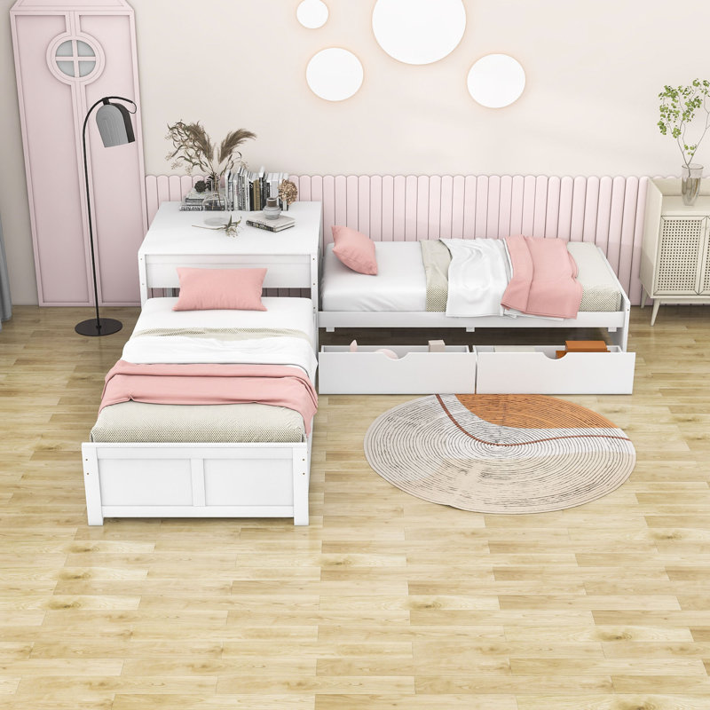 Latitude Run® Twin Size L-Shaped Platform Bed with Trundle and Two ...