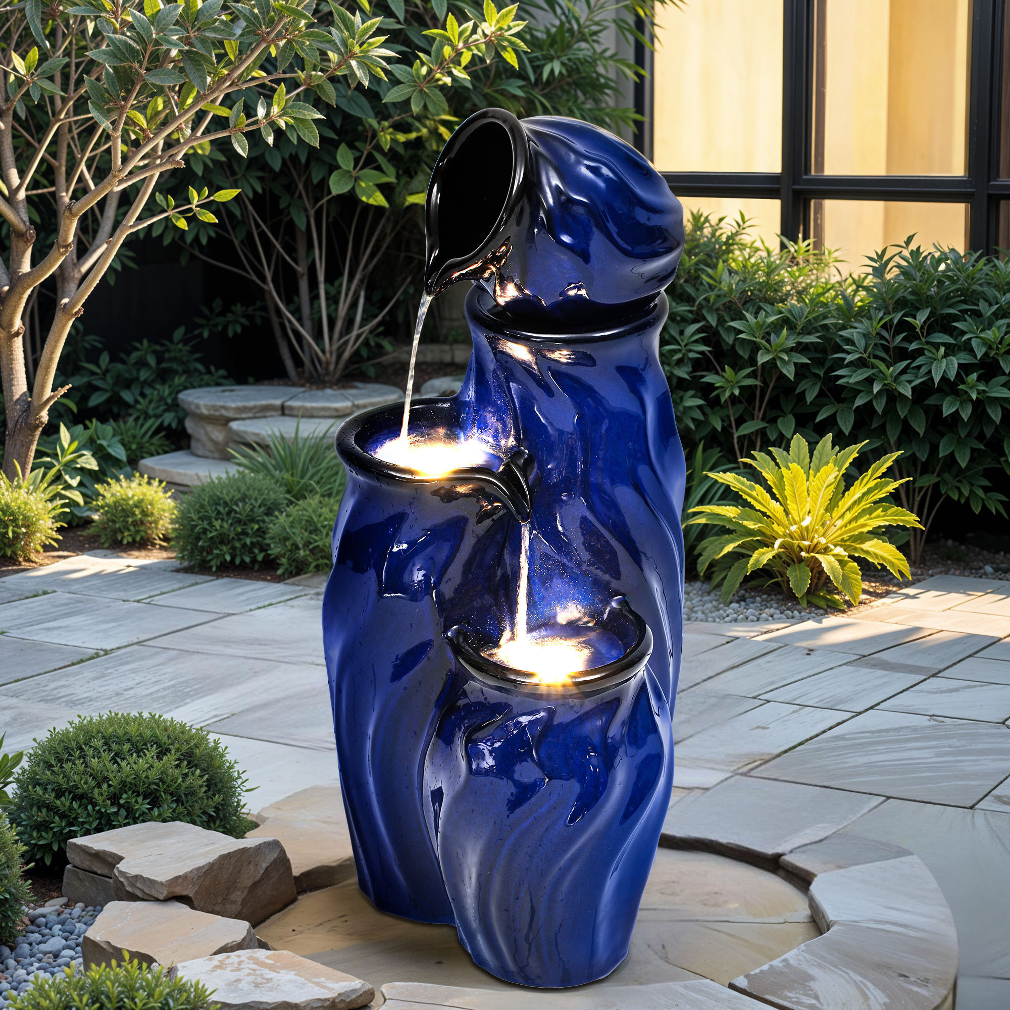 Highland Dunes 29" Ceramic Outdoor Water Fountain with LED Lights ...