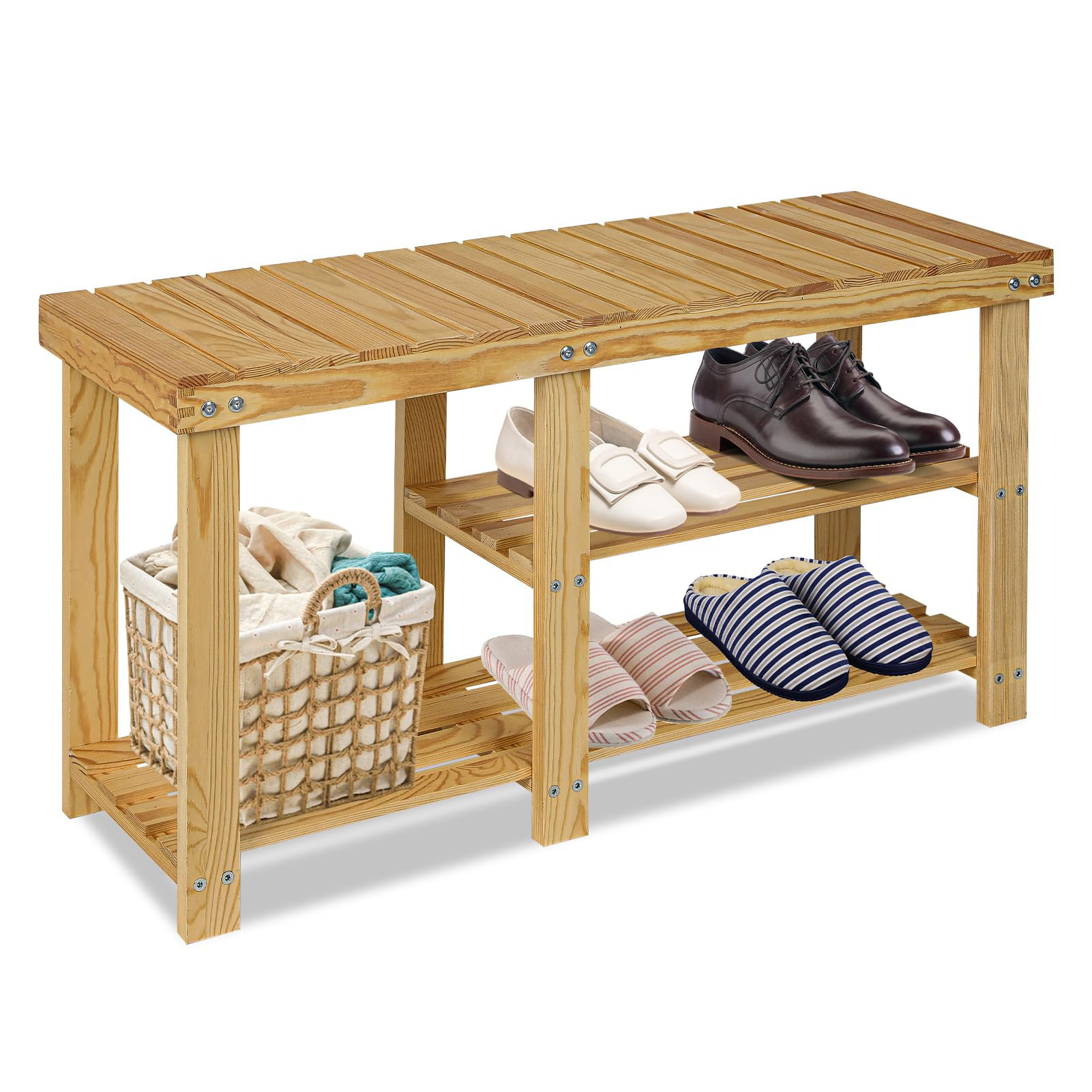 NIERBO Versatile Wood Color-Vintage Pine Shoe Rack Bench, 3-Tier ...