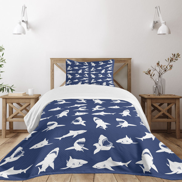 Ambesonne Shark Bedspread Set Various Gestures Humorous Violet Blue ...