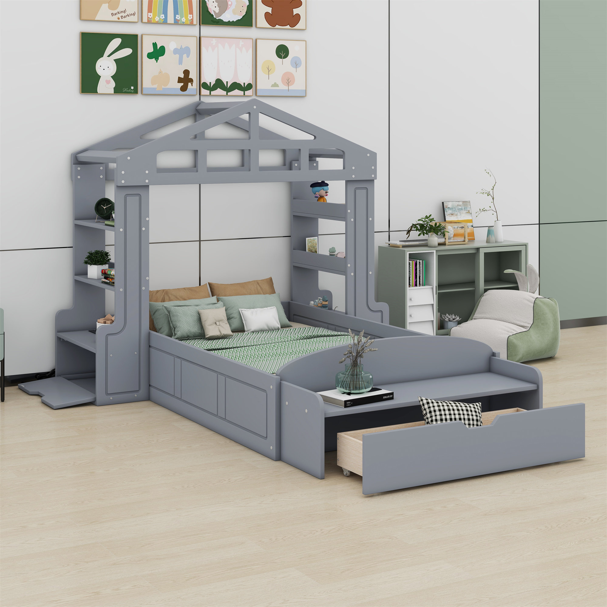 Harper Orchard House Bed With Bench, Socket And Shelves | Wayfair