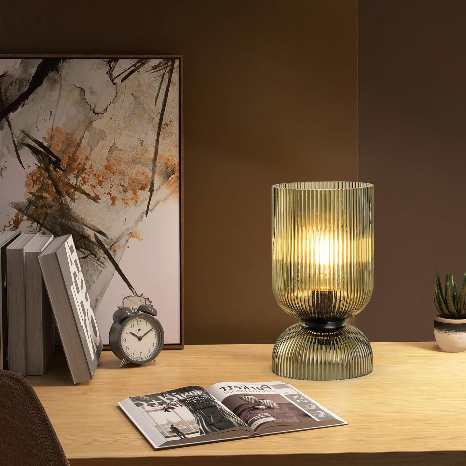 Brayden Studio Modern Glass Table Lamp With Ribbed Shade, Minimalist ...