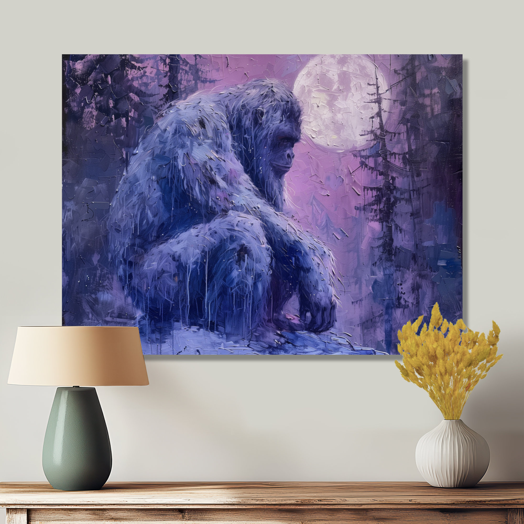 Design Art Purple Winter Moonlit Encounter Bigfoot - Bigfoot Wall Art ...