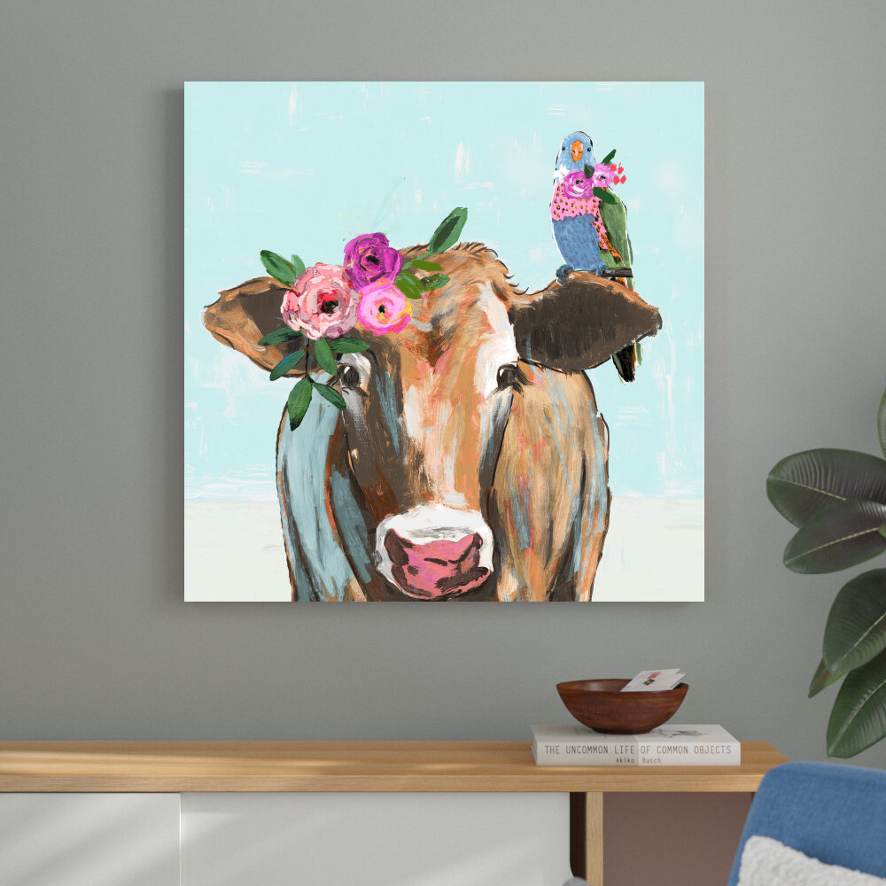 Harper Orchard Floral Cow And Bird Blue - Wrapped Canvas Painting Print ...
