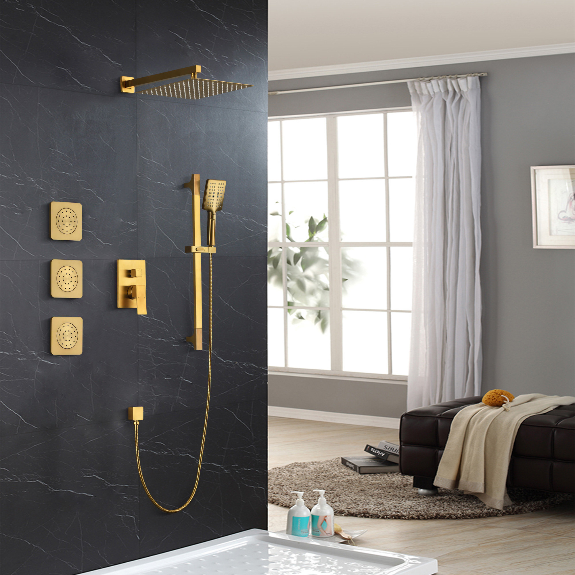 Shower System,Solid Brass Brushed Gold Bathroom Shower Set Rianfal ...