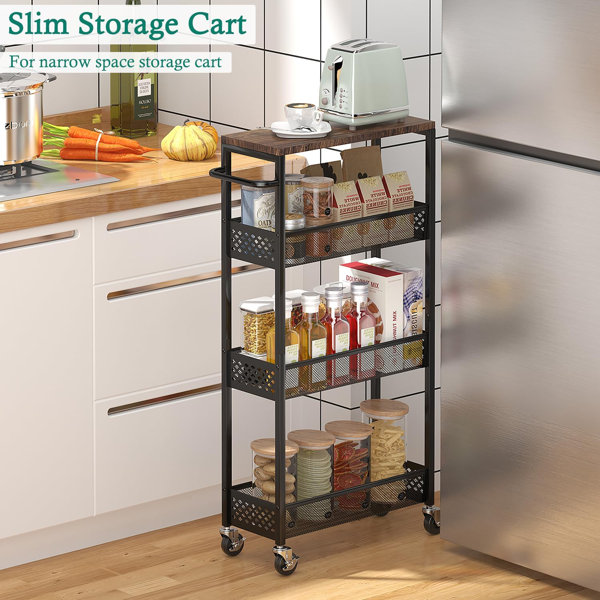 INKEDZ Slim Storage Cart 4 Tier Narrow Kitchen Rolling Cart on Wheels ...
