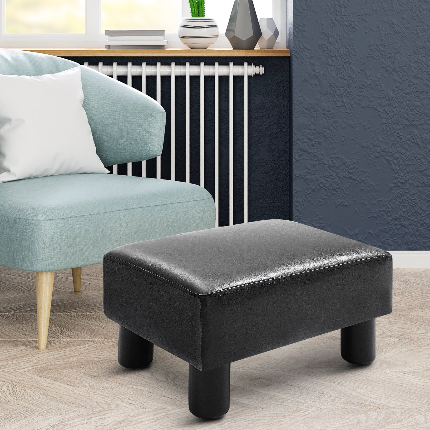 Ebern Designs Black Faux Leather Footstool - With Stylish Design For ...