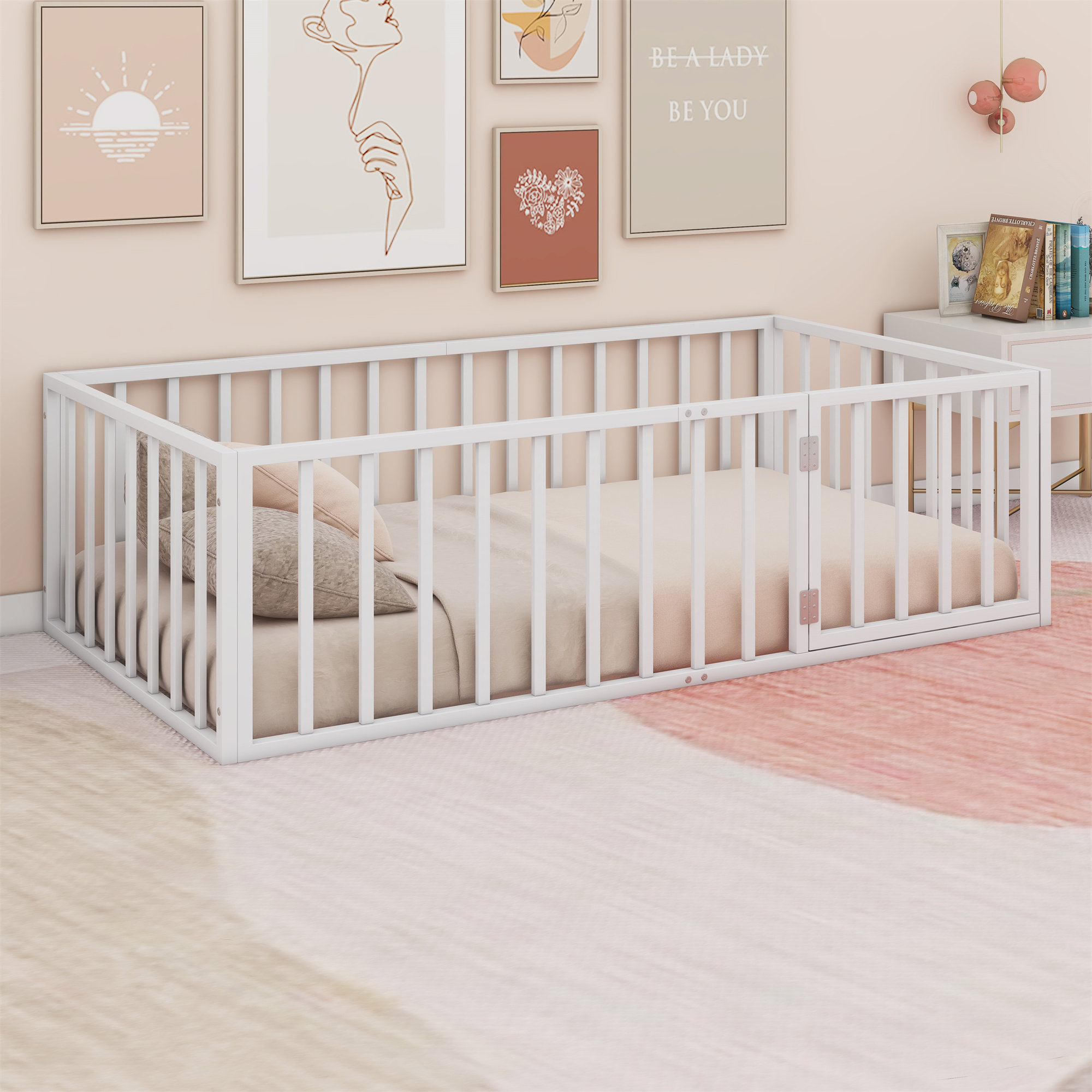 Harriet Bee Metal Floor Bed Frame With Fence And Door | Wayfair