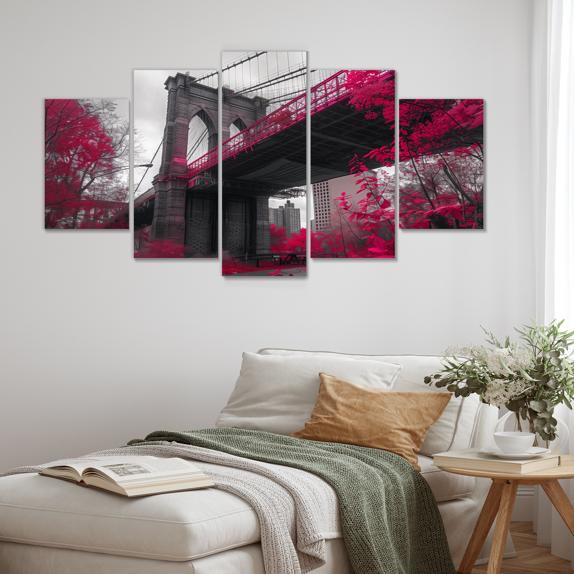 Ebern Designs Pink Grey Brooklyn Bridge New York Spot Color - Bridges ...