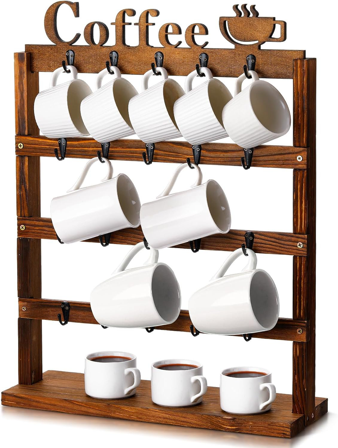 Gracie Oaks Vintage Wood Coffee Mug Rack 4 Tier Rustic Coffee Cup ...
