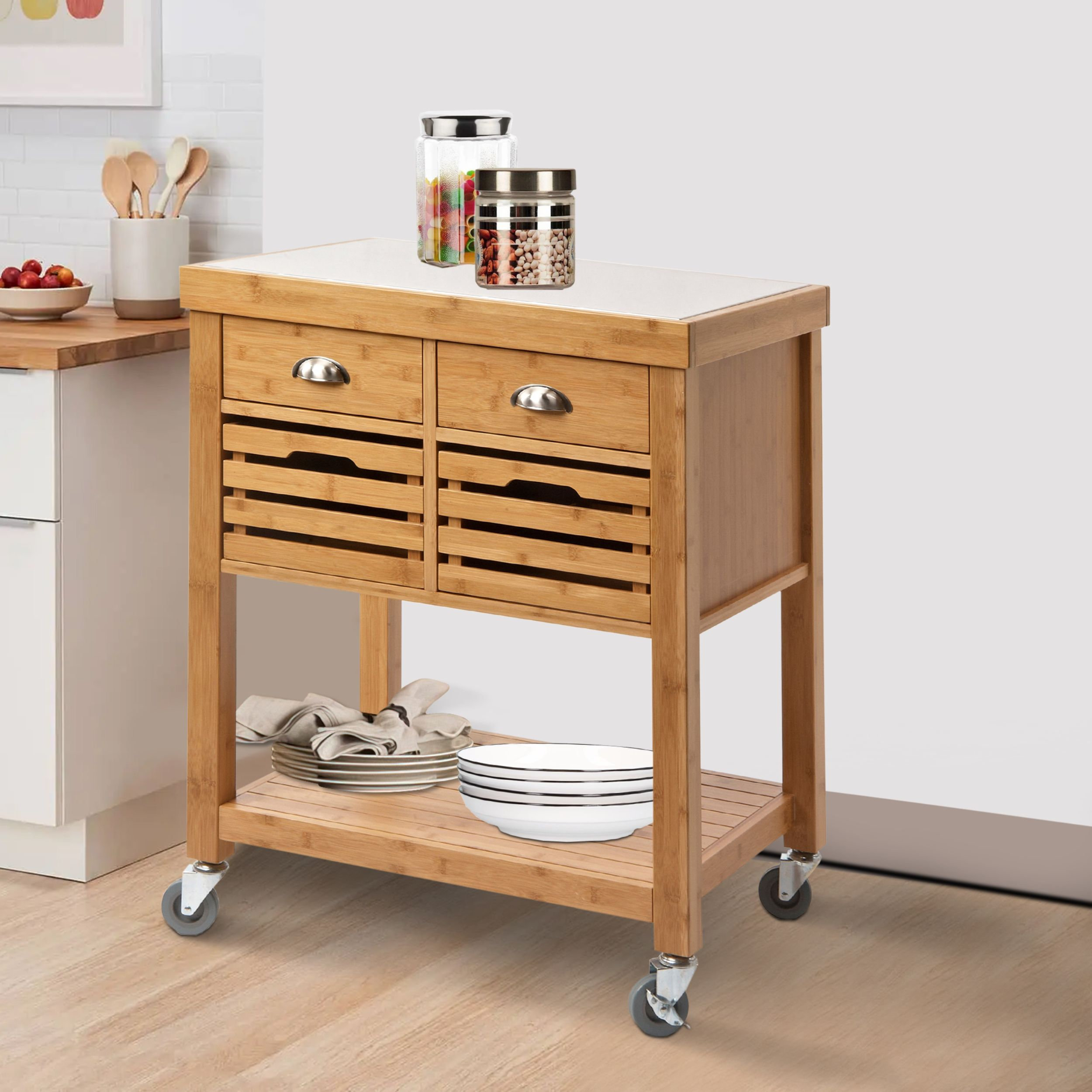 Red Barrel Studio 36 Inch Bamboo Kitchen Cart Island, 2 Drawers ...