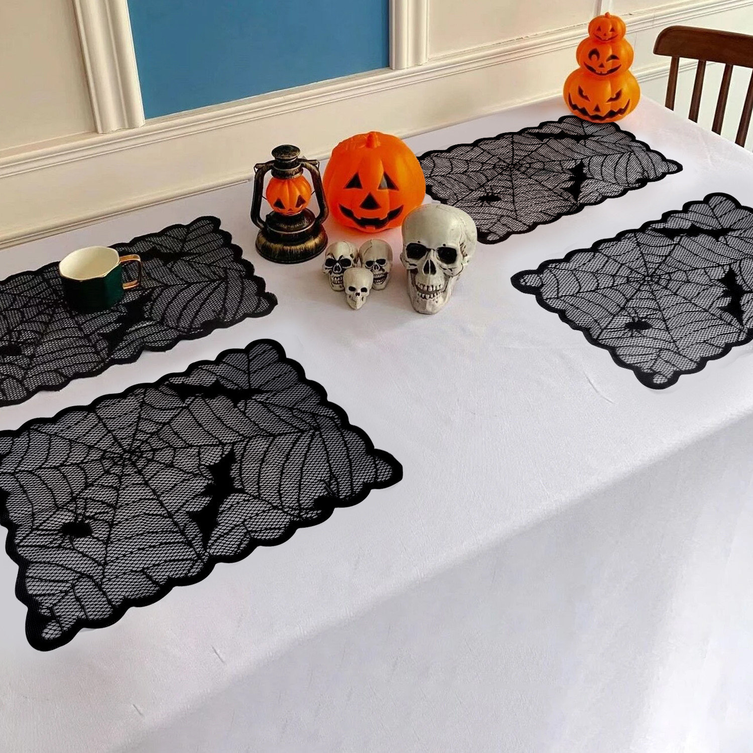 The Holiday Aisle® Halloween Bat Table Runner Spider Lace Tablecloth Fireplace Curtain Party ...