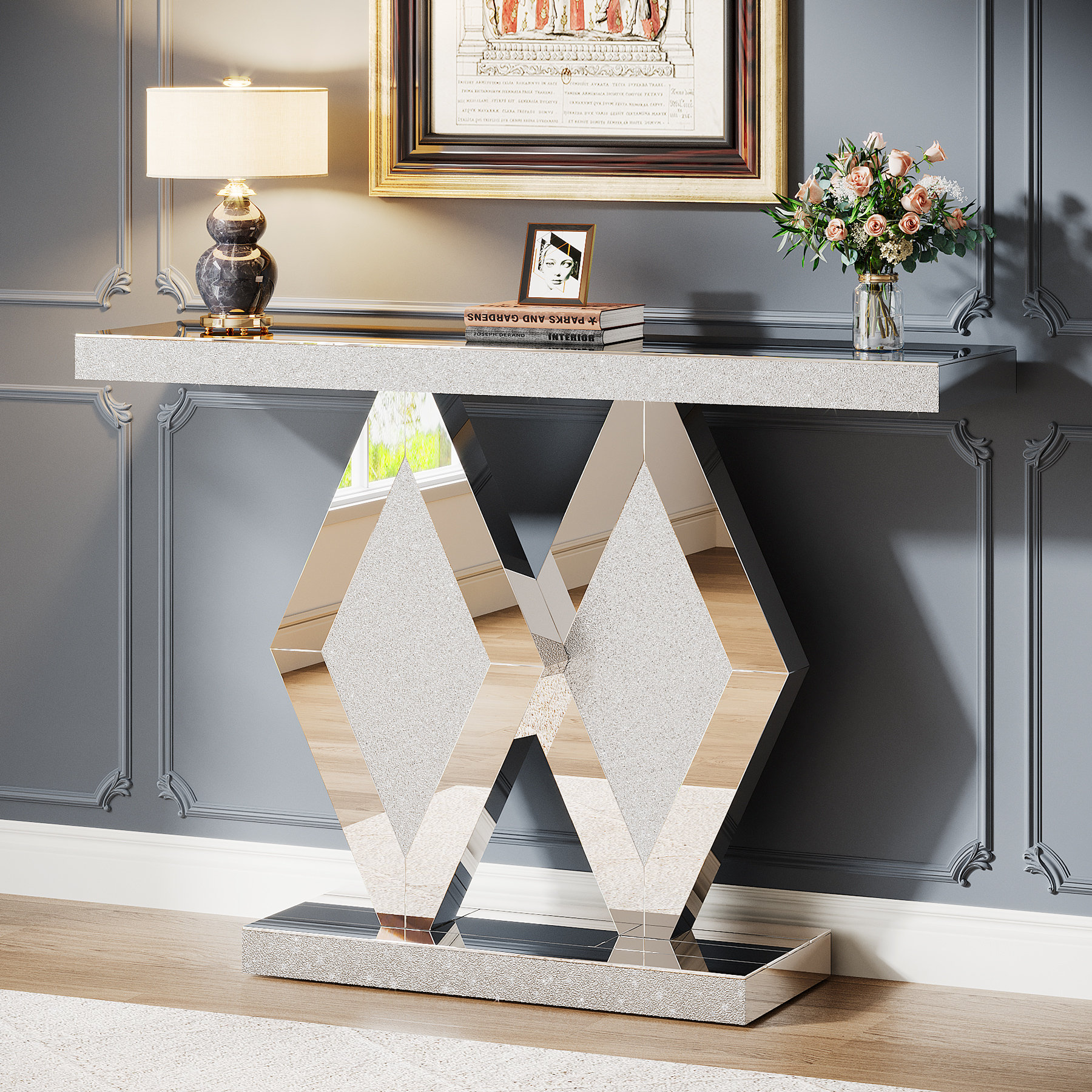 Latitude Run® 47.24" Mirrored Console Table With Acrylic Diamonds ...