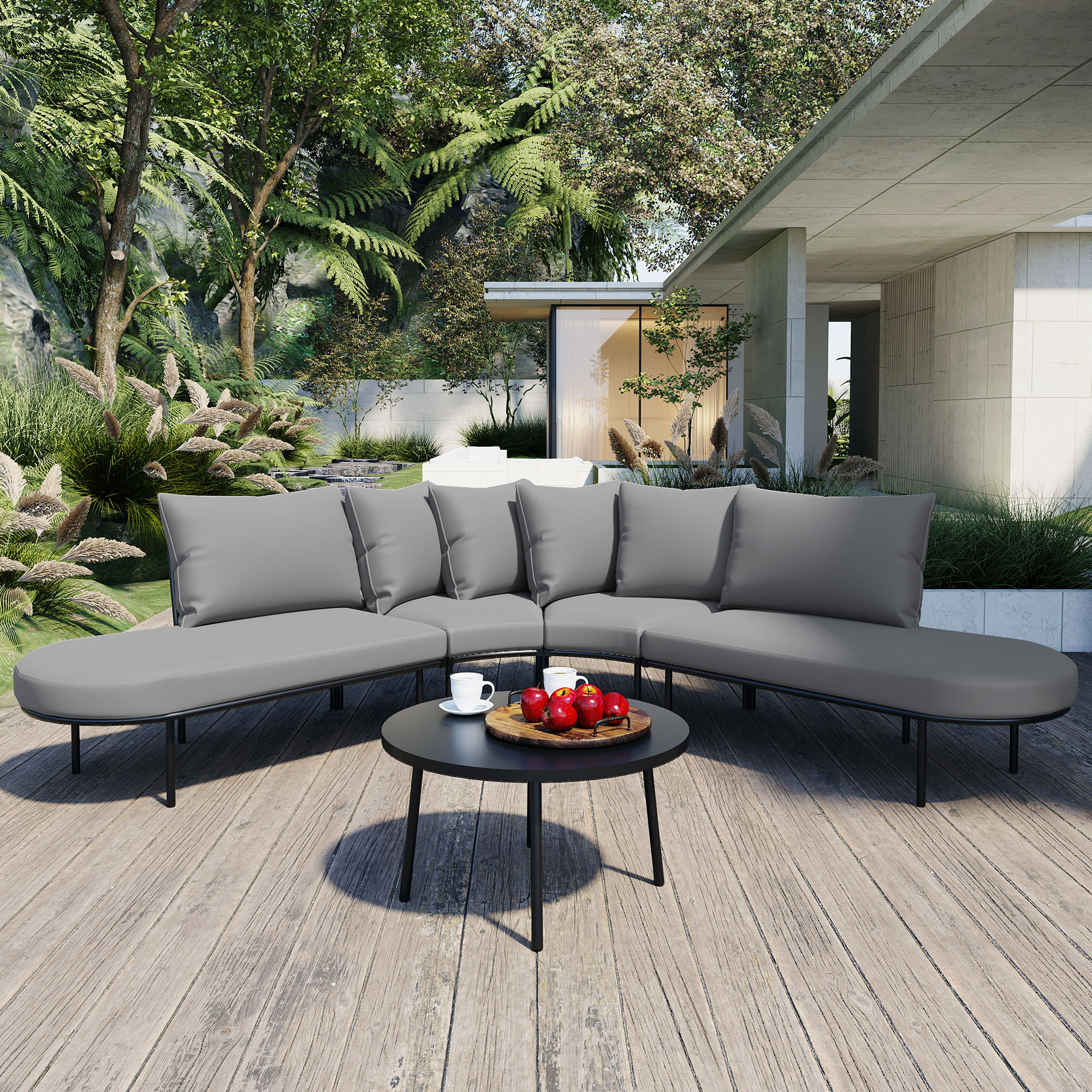George Oliver All-Weather Curved Patio Sofa Set for 6 with Coffee Table ...