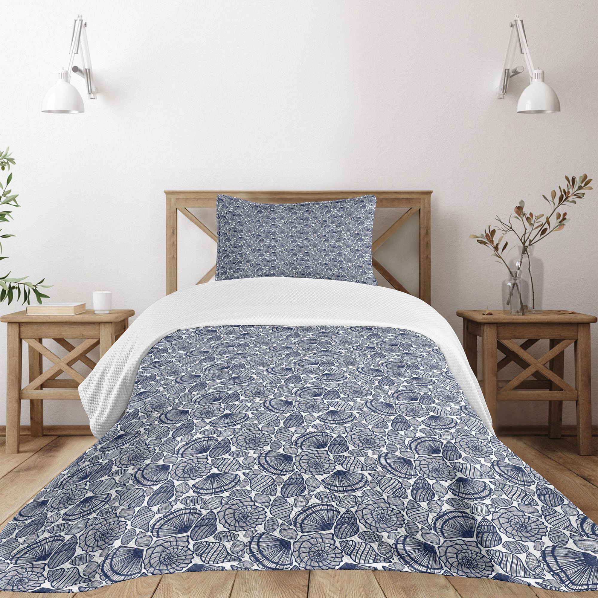 Ambesonne Navy Blue Bedspread Set Aquatic Animals Lines Dark Blue White ...