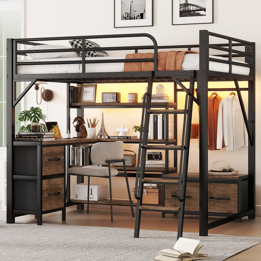 17 Stories Full Size Loft Bed with Desk and Light, Metal Loft Bed with ...