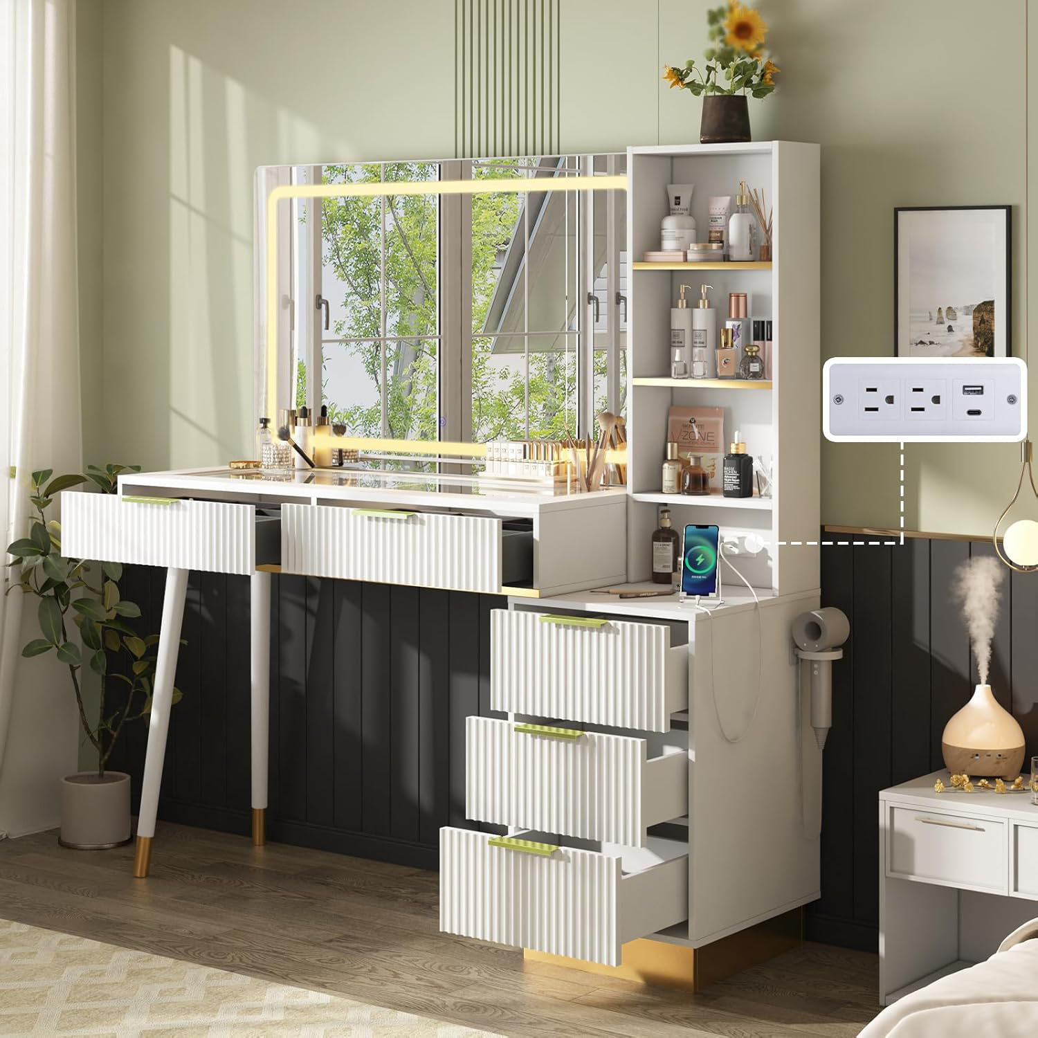 Wrought Studio™ 48" Vanity Desk with 35" Large Lighted Mirror, Big ...