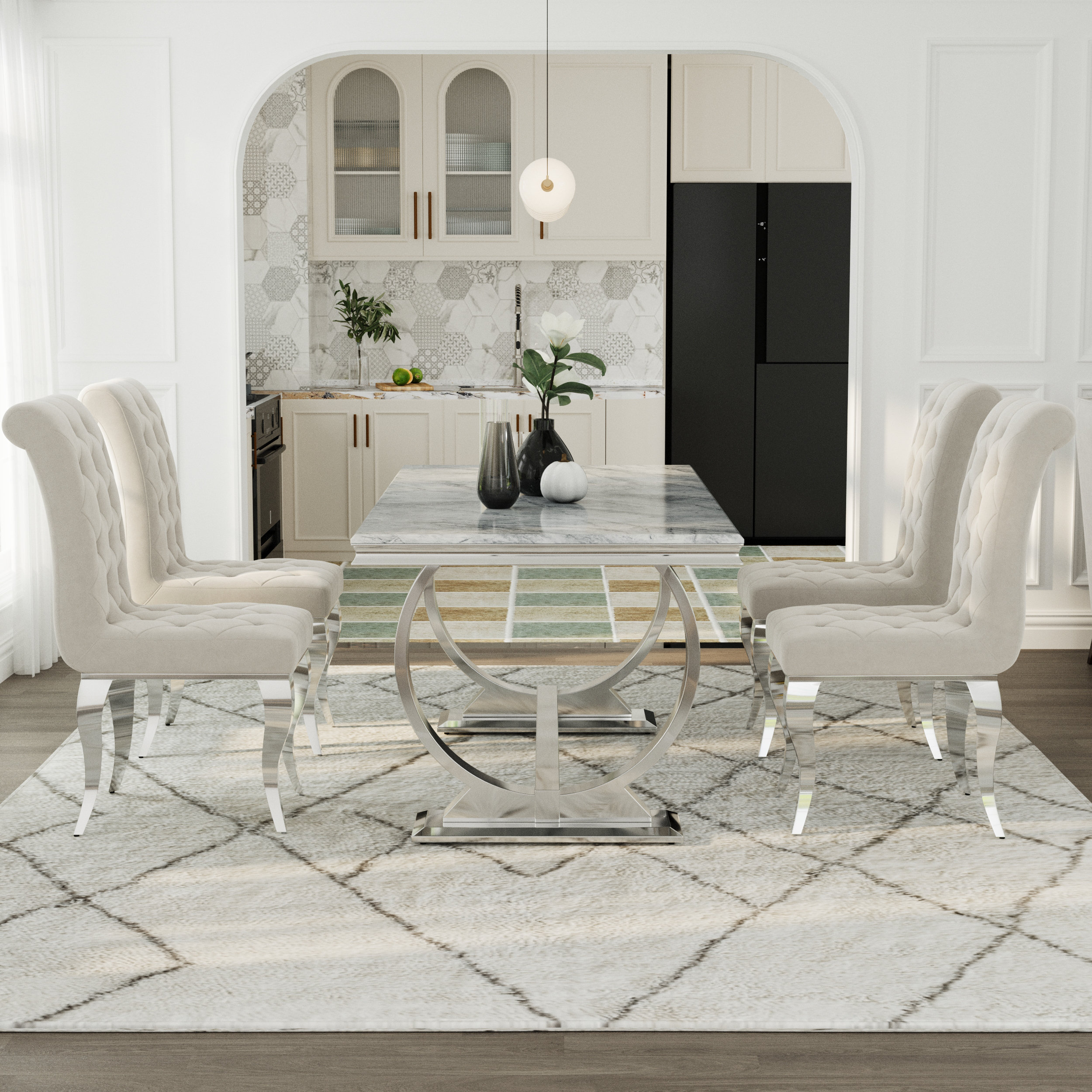 Orren Ellis Luxury White And Silver Dining Table Set With White Velvet ...