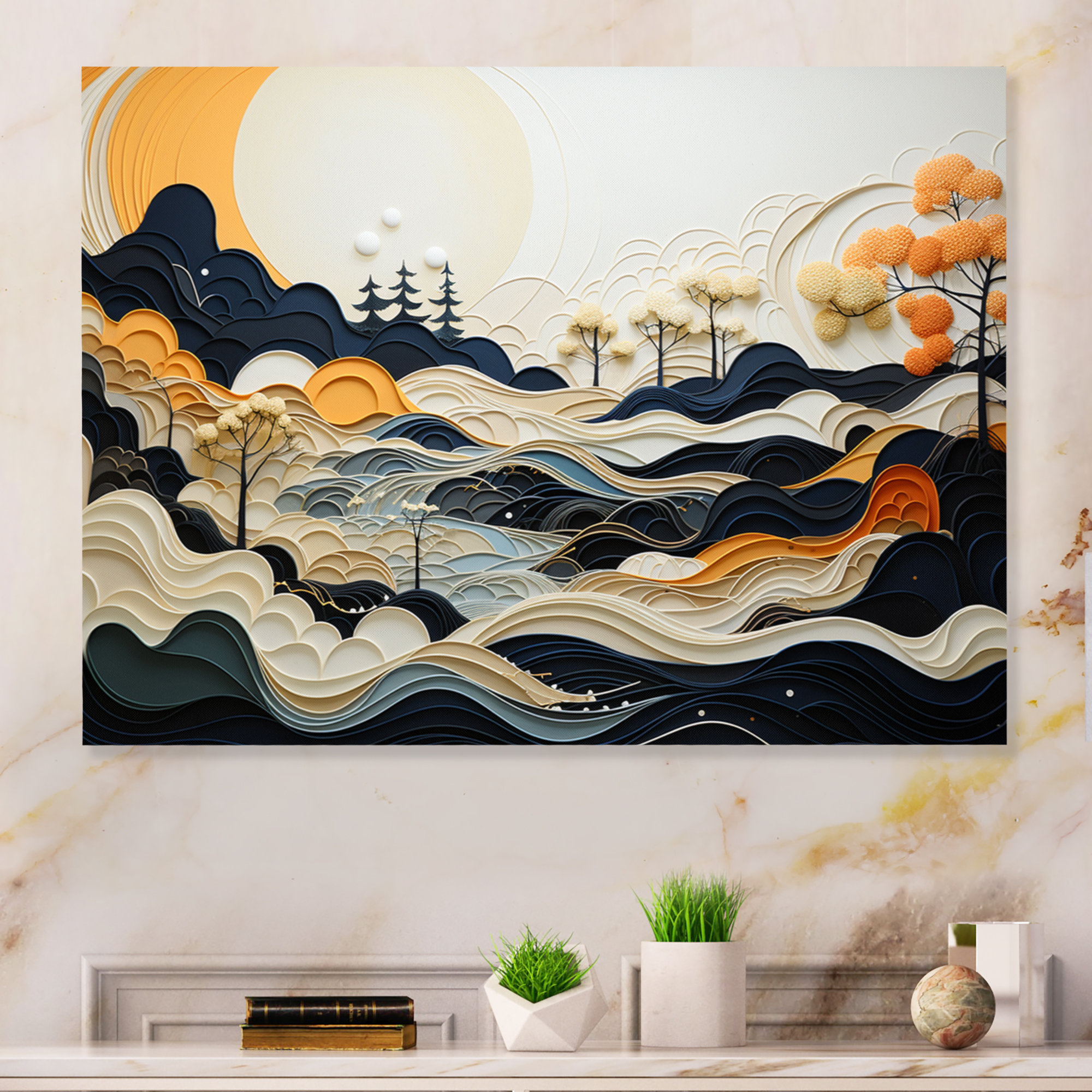 Latitude Run® Grey Orange Line Art Landscape - Abstract Line Print on ...