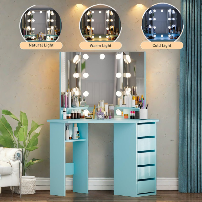 Ebern Designs Jaxcen Tri-Fold Mirror Vanity with 5 Drawers and 3 ...
