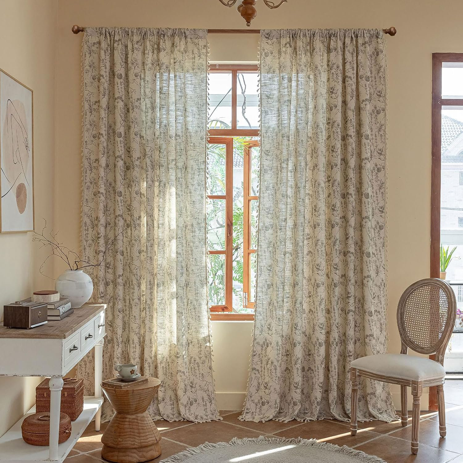 Winston Porter Pink Floral Curtains 84 Inches Long 2 Panels Boho Tassel ...