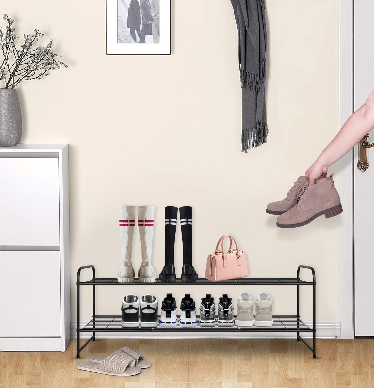 Rebrilliant 2-Tier Wide Stackable Shoe Rack - Sturdy Metal Grid For 18 ...