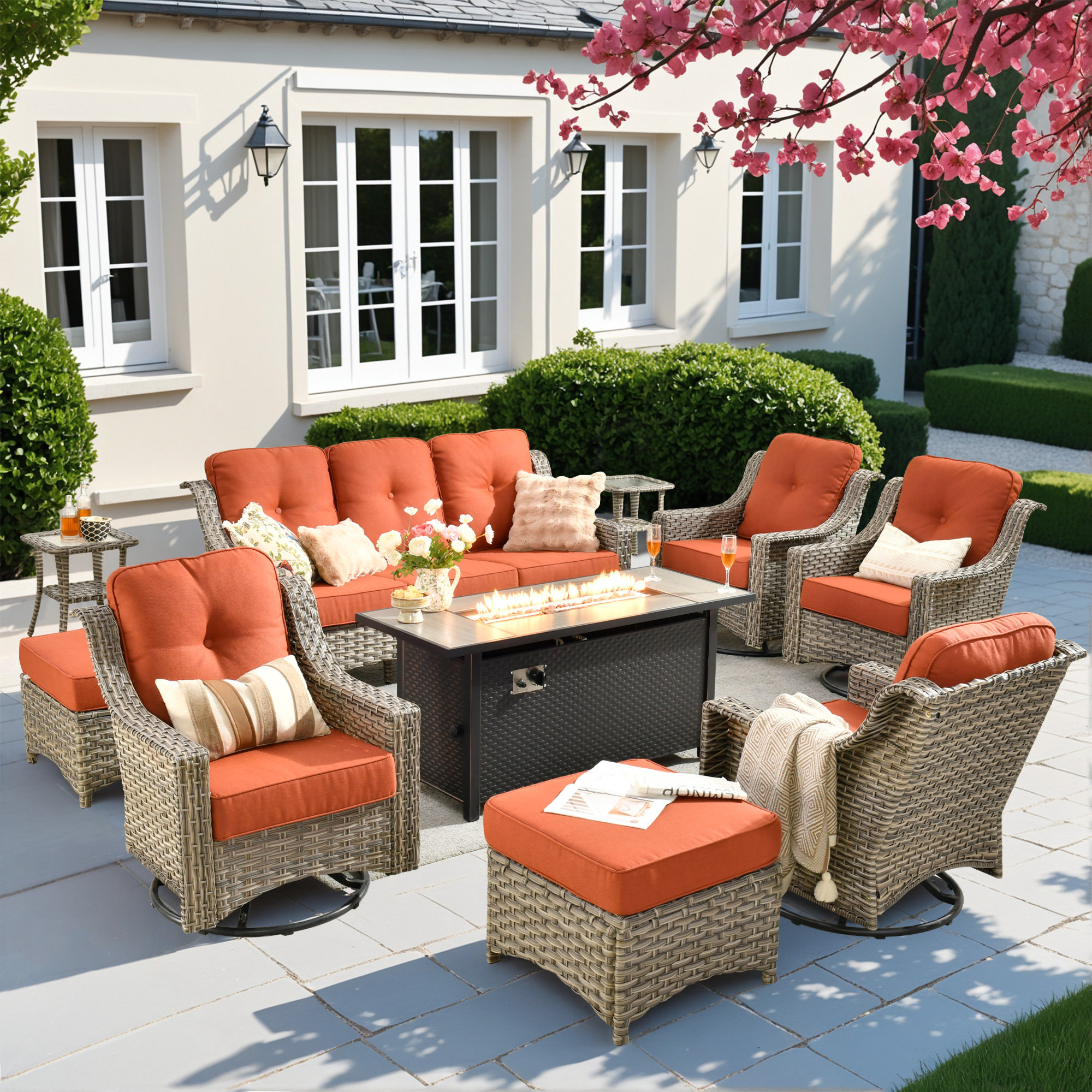 Lark Manor 10 Pieces Patio Furniture Set With 53" Fire Pit Table ...
