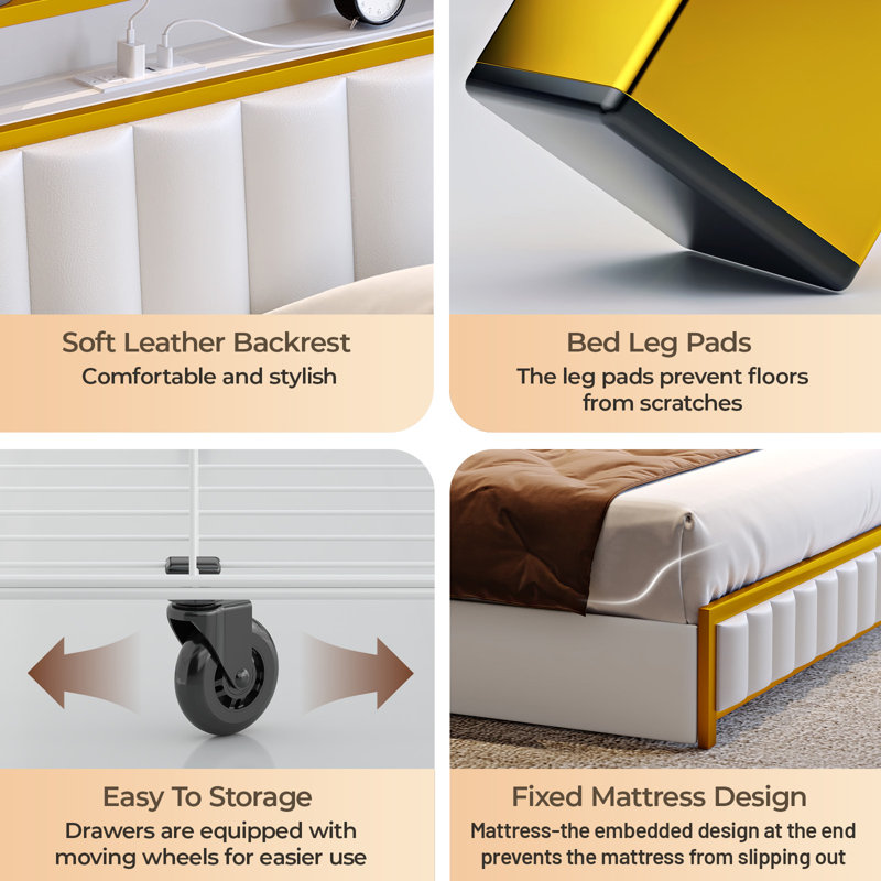 Mercer41 Vonzel Metal Queen Bed Frame with 4 Large Drawers, Storage ...