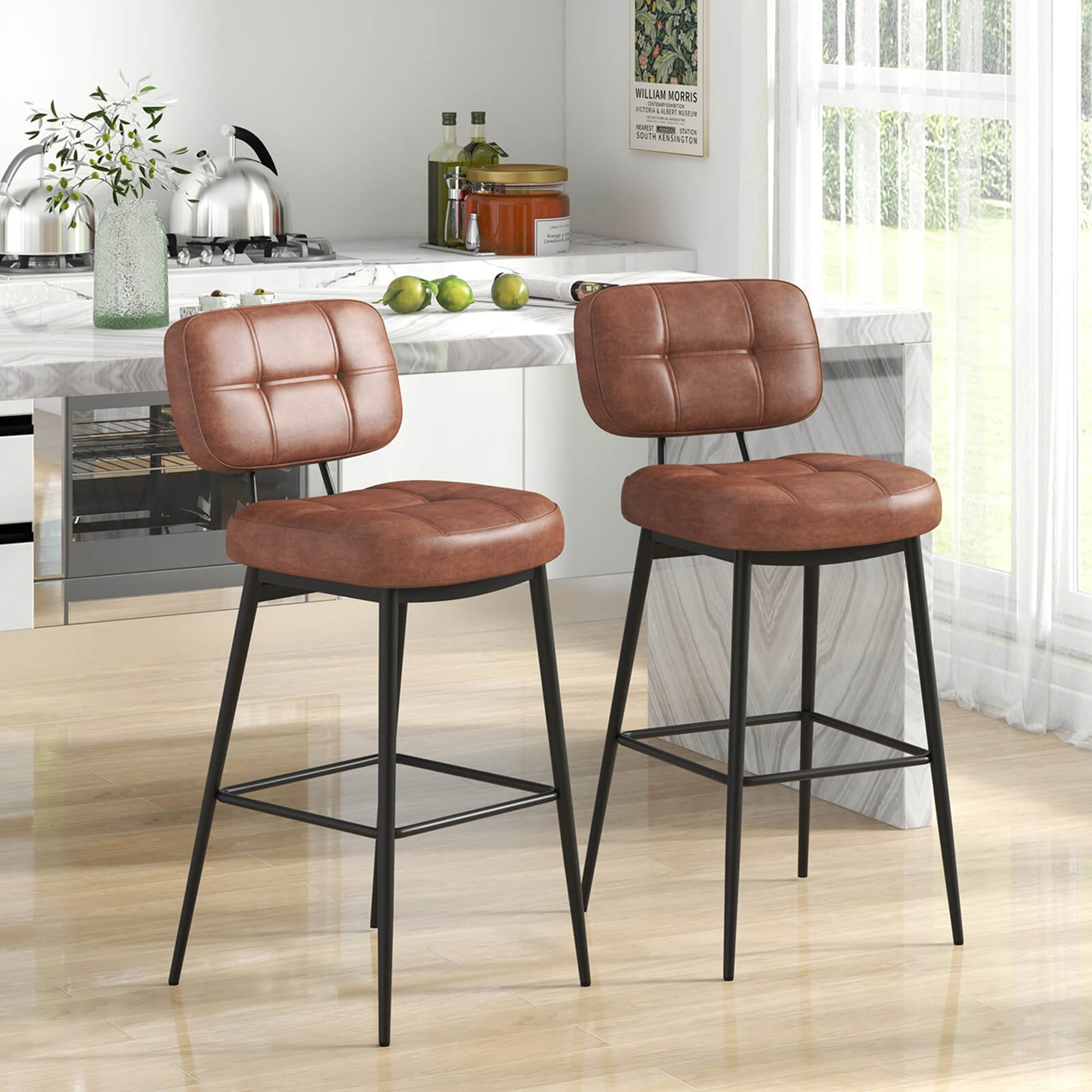 Corrigan Studio® Bar Stools With Padded Seat Footrest & Metal Legs Pu ...