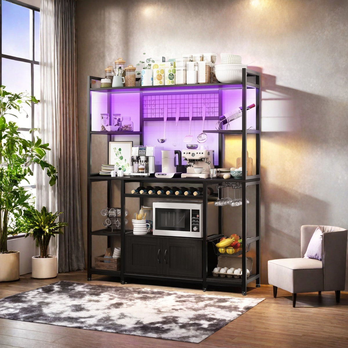 Ivy Bronx Bakers Rack With Power Outlet And Led Light, Farmhouse Coffee ...