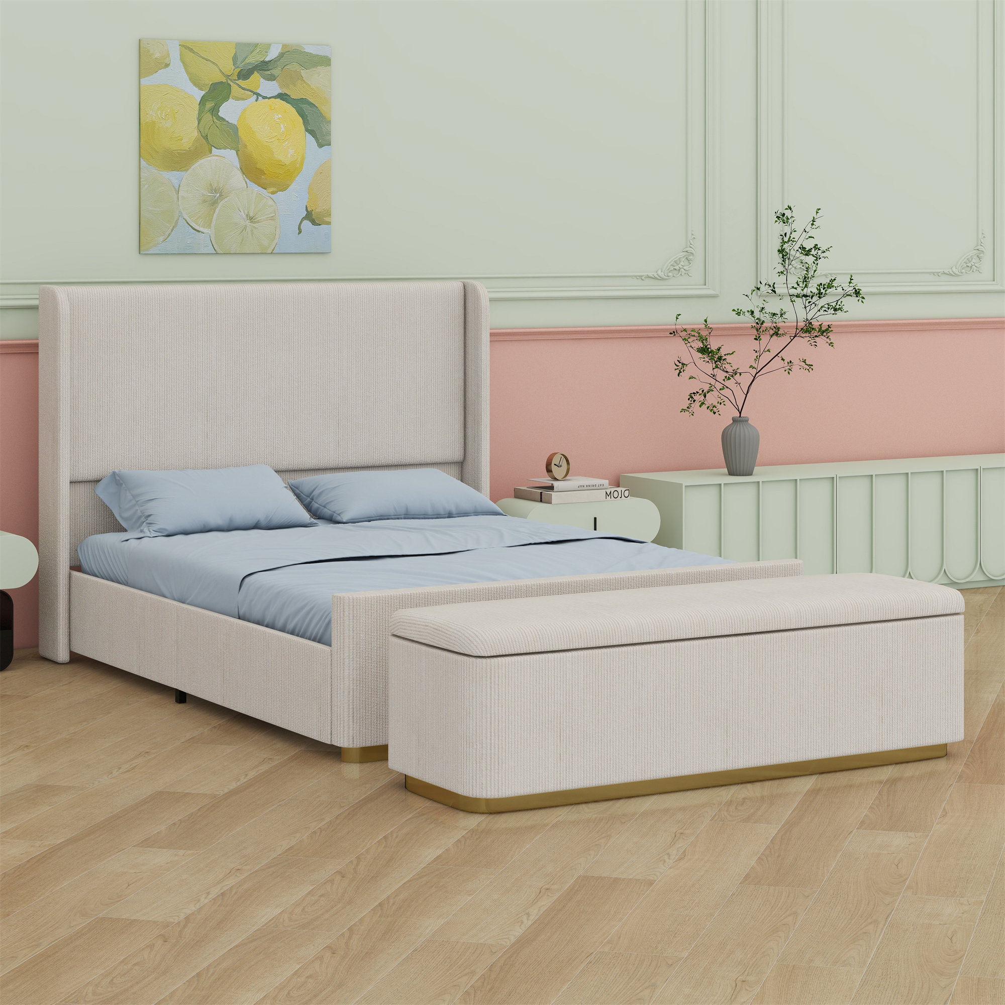 Everly Quinn Upholstered Bed Frame With Storage Ottoman, And Vertical ...
