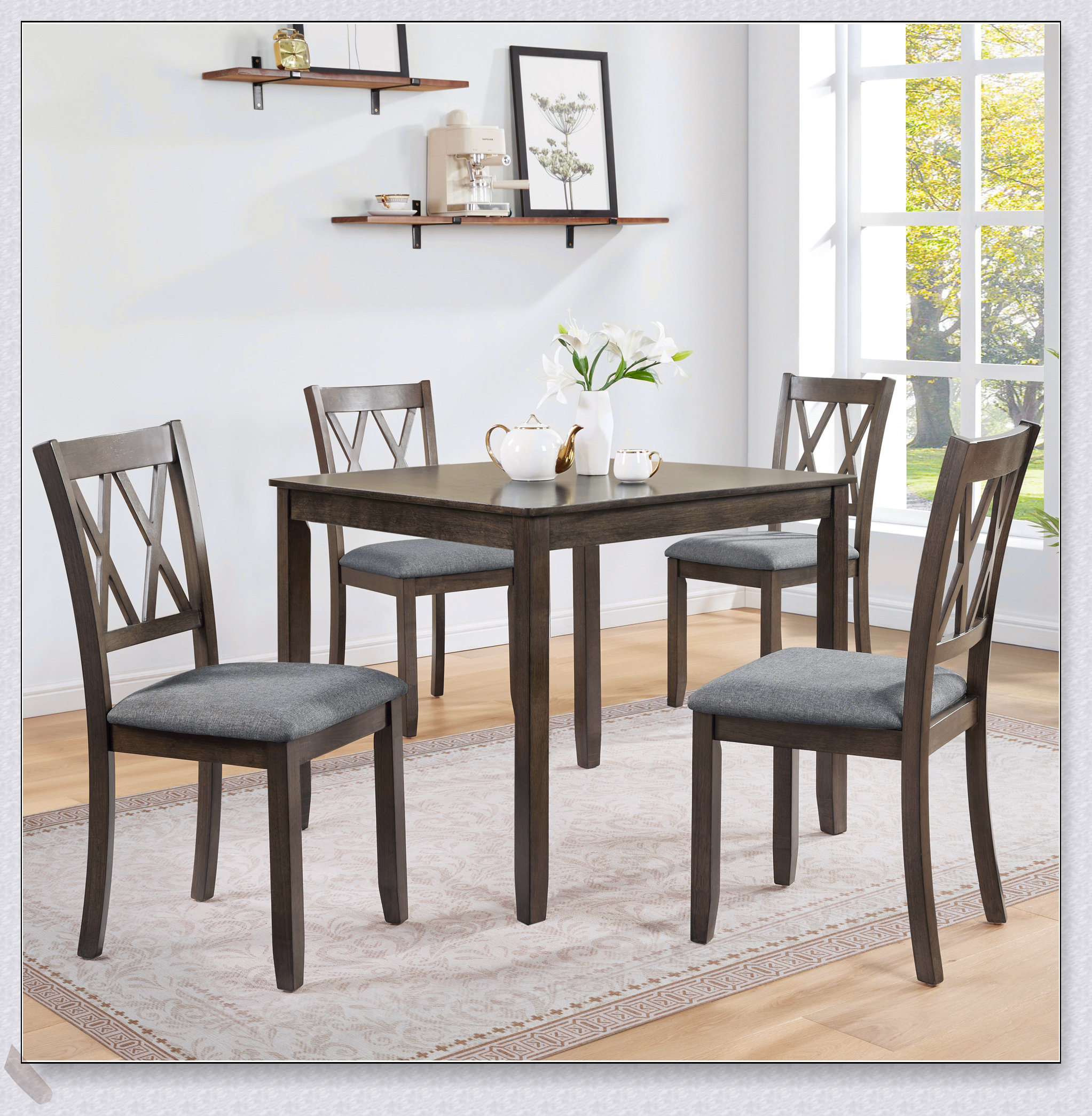 Latitude Run® Elegant 5-Piece Wooden Dining Table Set with 4 Chairs ...