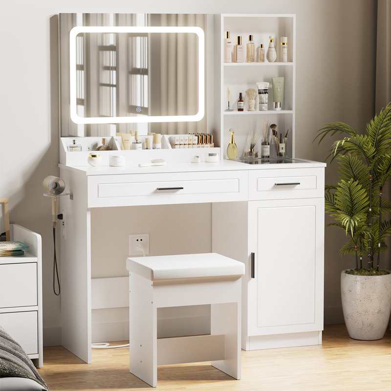 Wrought Studio™ Leoba Makeup Vanity Set with Lighted Mirror & Power ...