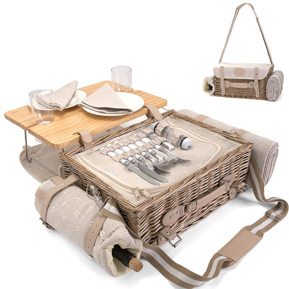 ColorLife Mutifunctional Wicker Picnic Basket Set For 2 With Blanket ...