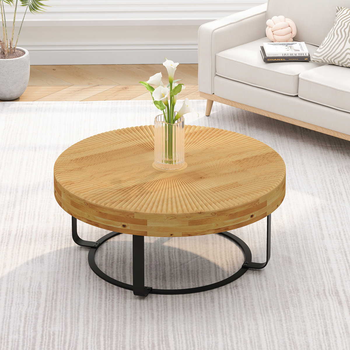 Union Rustic Modern Round Coffee Table Wooden Carving Pattern Coffee ...