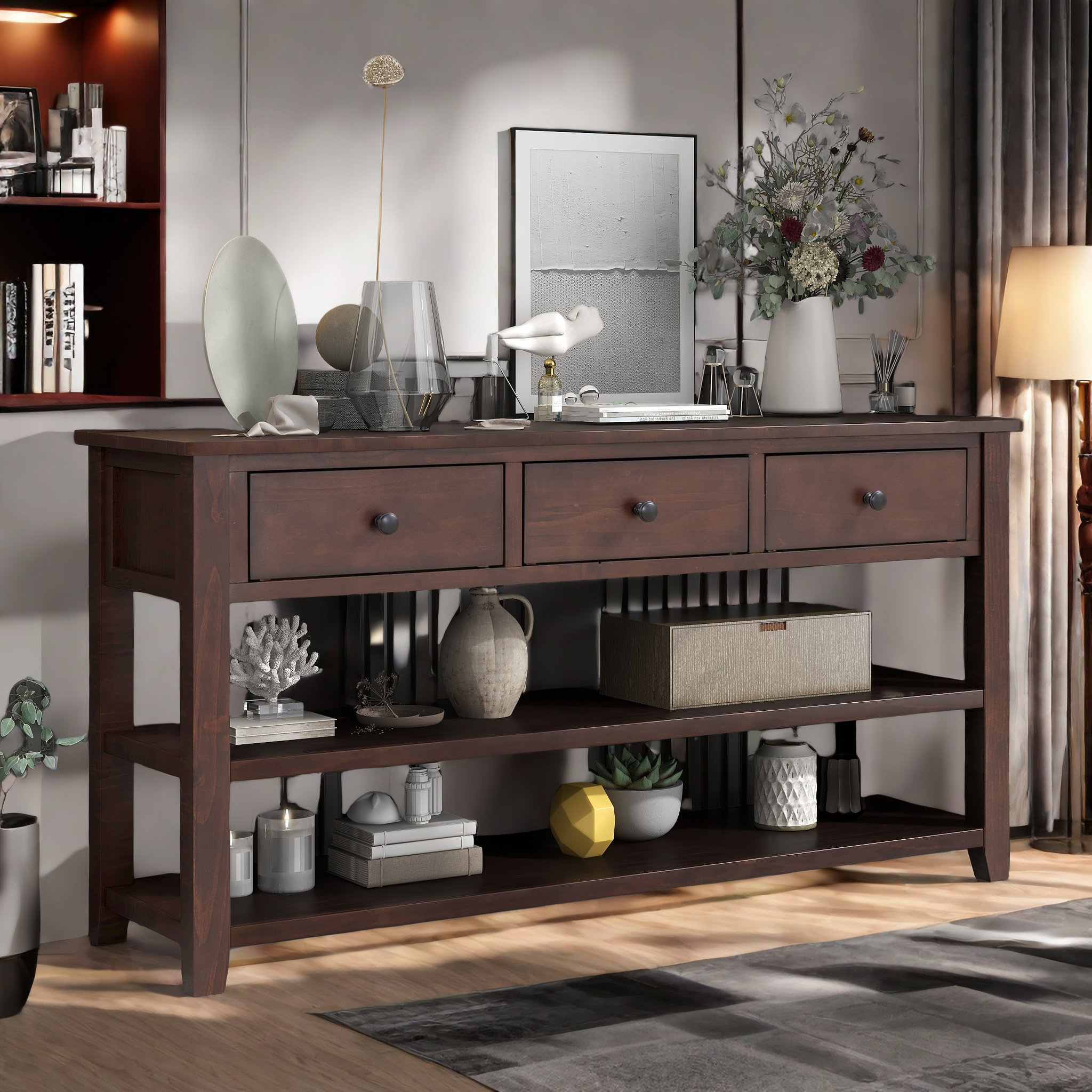 Lark Manor Mid-Century Console Table With 3 Drawers And 2 Open Shelves ...