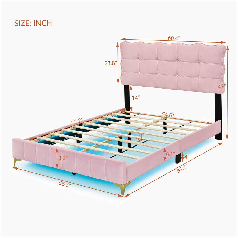 Mercer41 Velvet Platform Bed with LED Frame and Stylish Mental Bed Legs ...