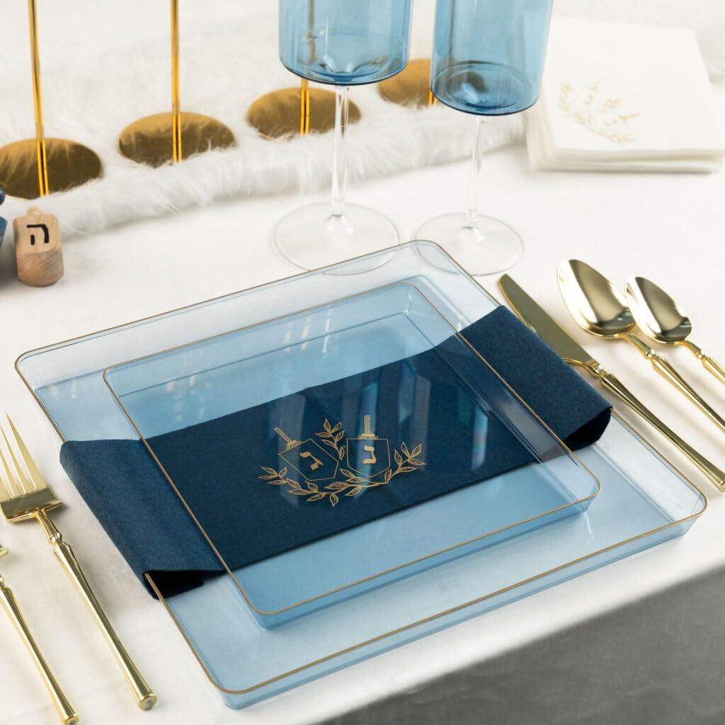 Ecoquality Tableware Blue Plastic Plates Set With Gold Rim Hanukah ...