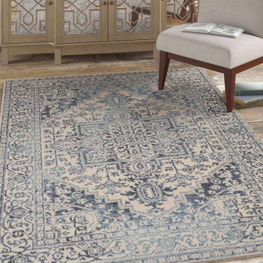 Bungalow Rose Woosley Distressed Denim/Cream Area Rug & Reviews | Wayfair