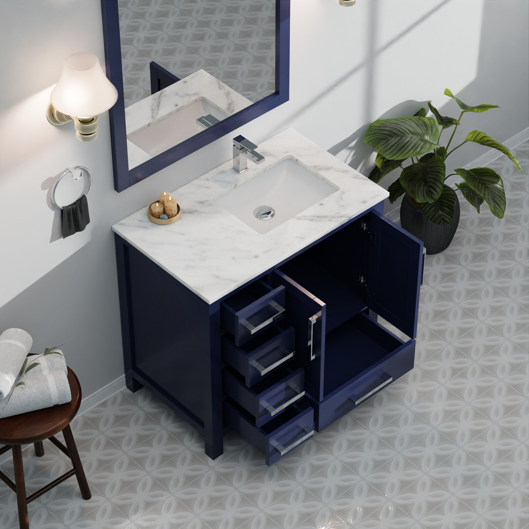Ivy Bronx Bath Vanity with Right Offset Carrara Marble Top and Faucet ...